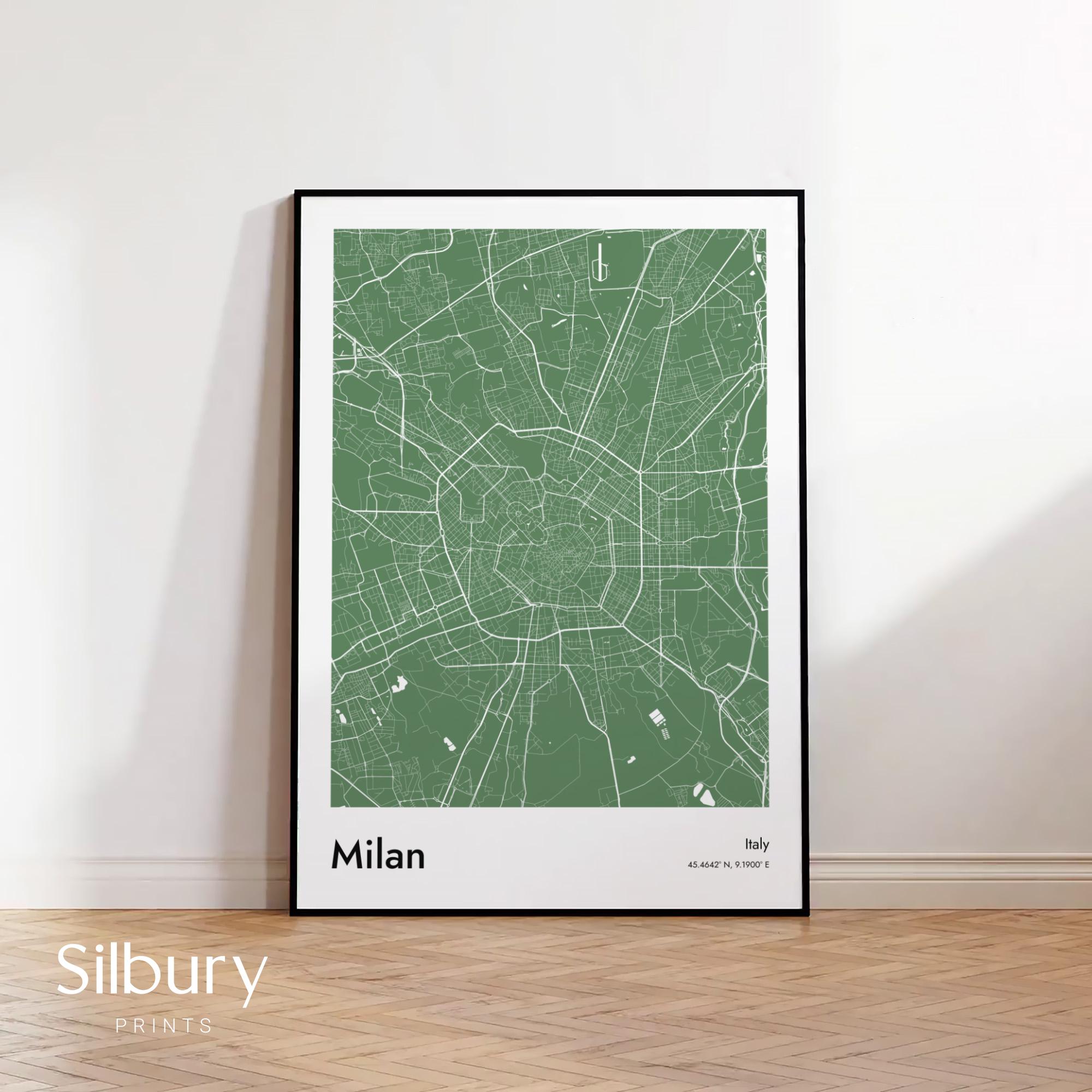 Milan Map Print, Milan Street Map Poster, Green Color Map of Milan ...
