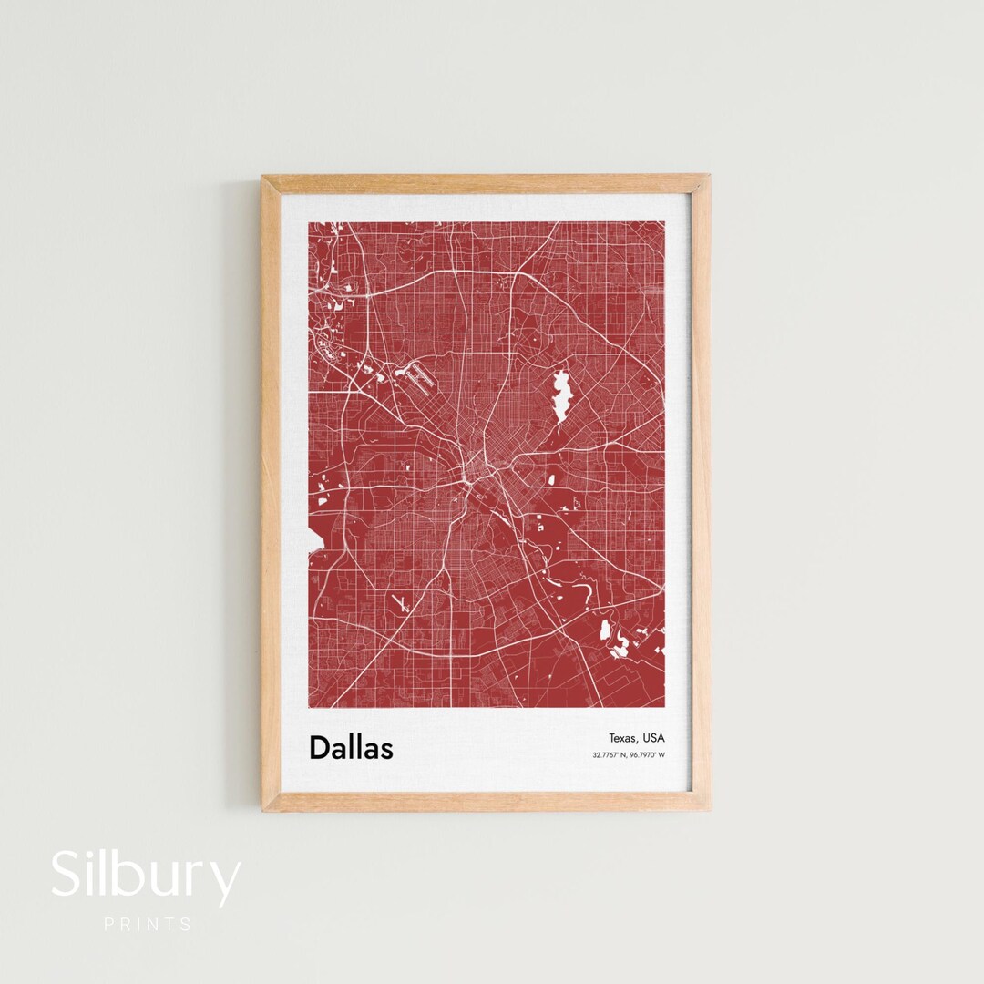 Dallas Map Print, Dallas Street Map Poster, Red Color Map of Dallas ...