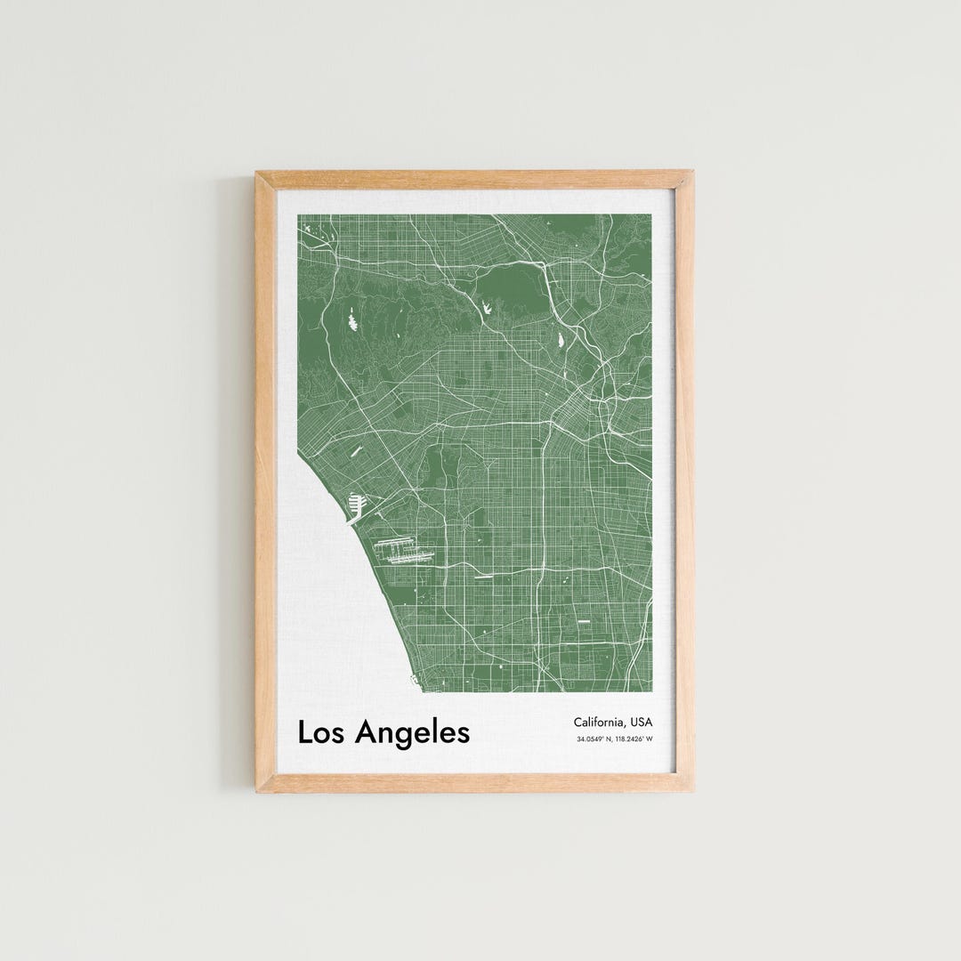 Los Angeles Map Print, LA Street Map Poster, Green Map of Los Angeles ...