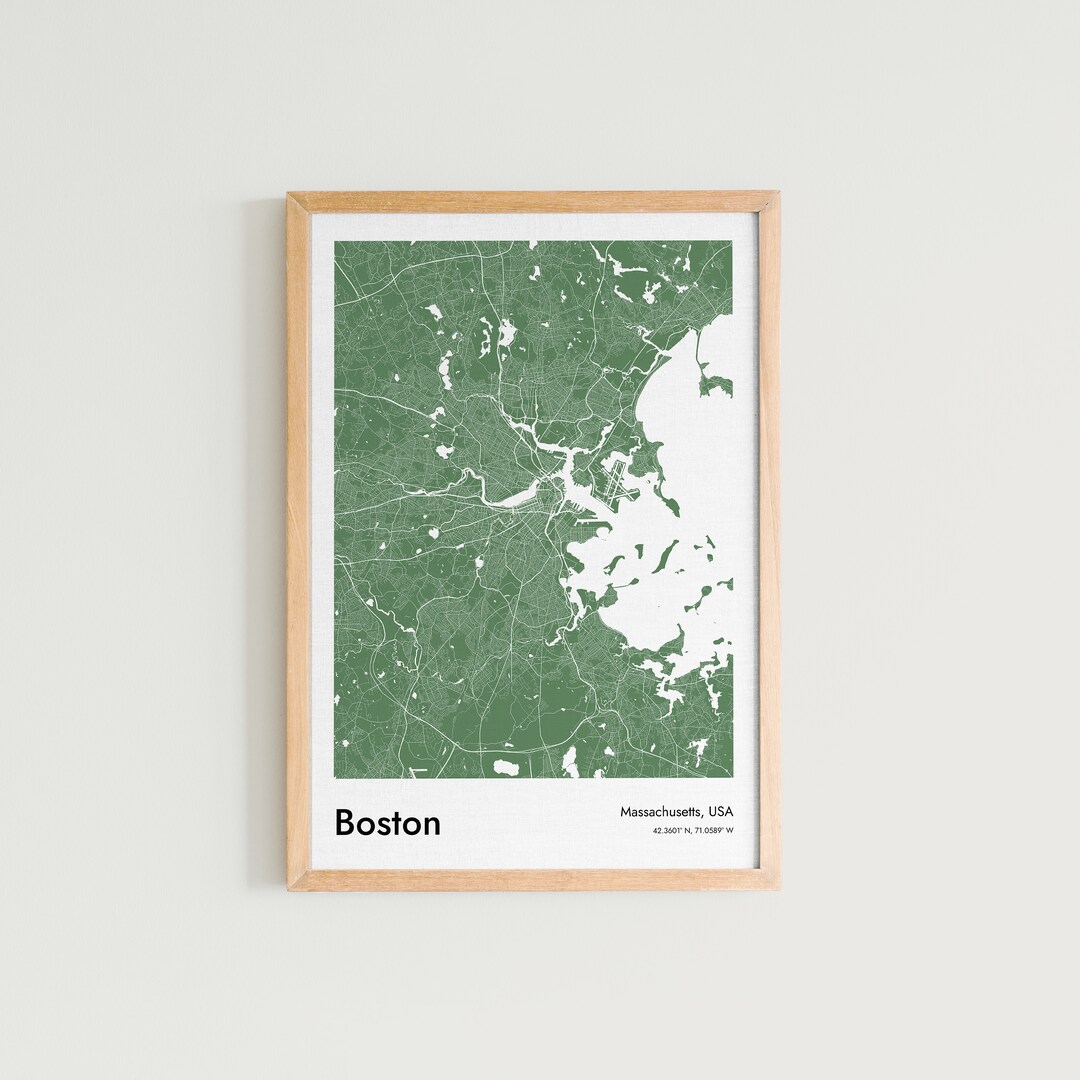 Boston Map Print, Boston Street Map Poster, Green Map of Boston Wall ...