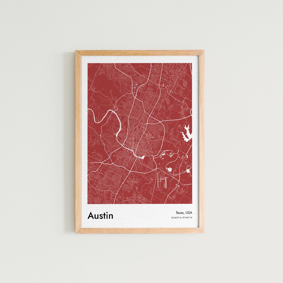 Austin Map Print, Austin Street Map Poster, Red Map of Austin, USA ...
