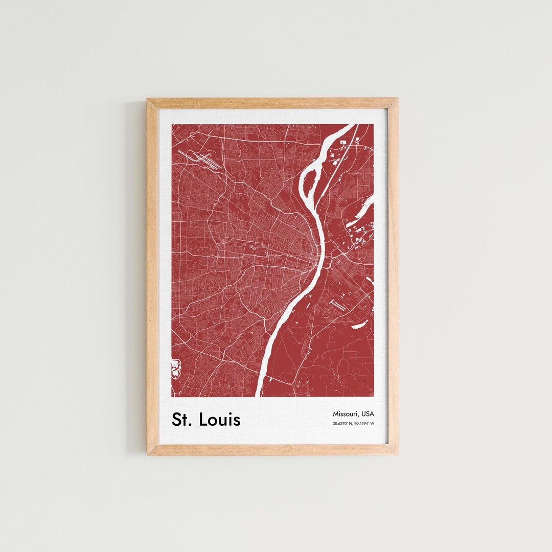 St Louis Map Print, St Louis Street Map Poster, Red Color Map of St ...