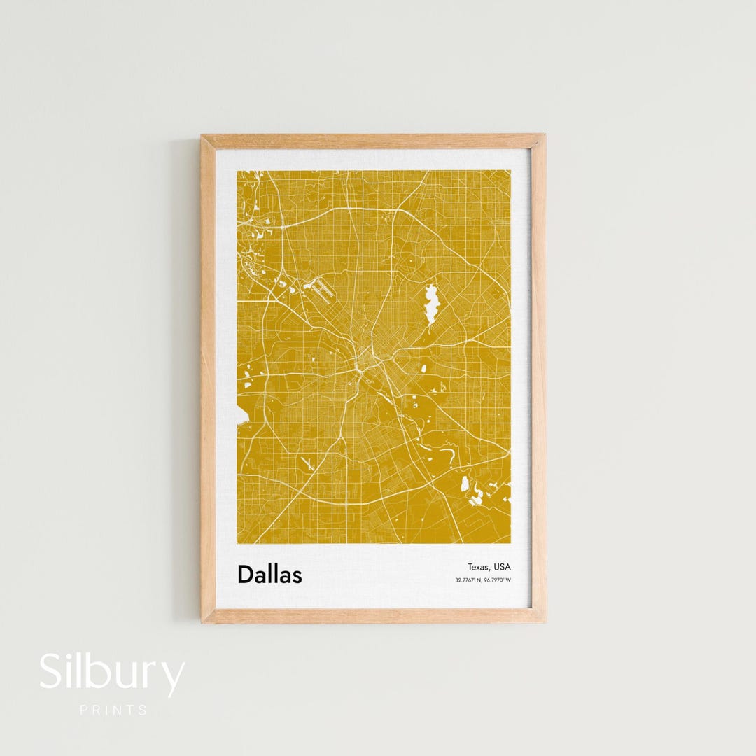 Dallas Map Print, Dallas Street Map Poster, Yellow Color Map of Dallas ...