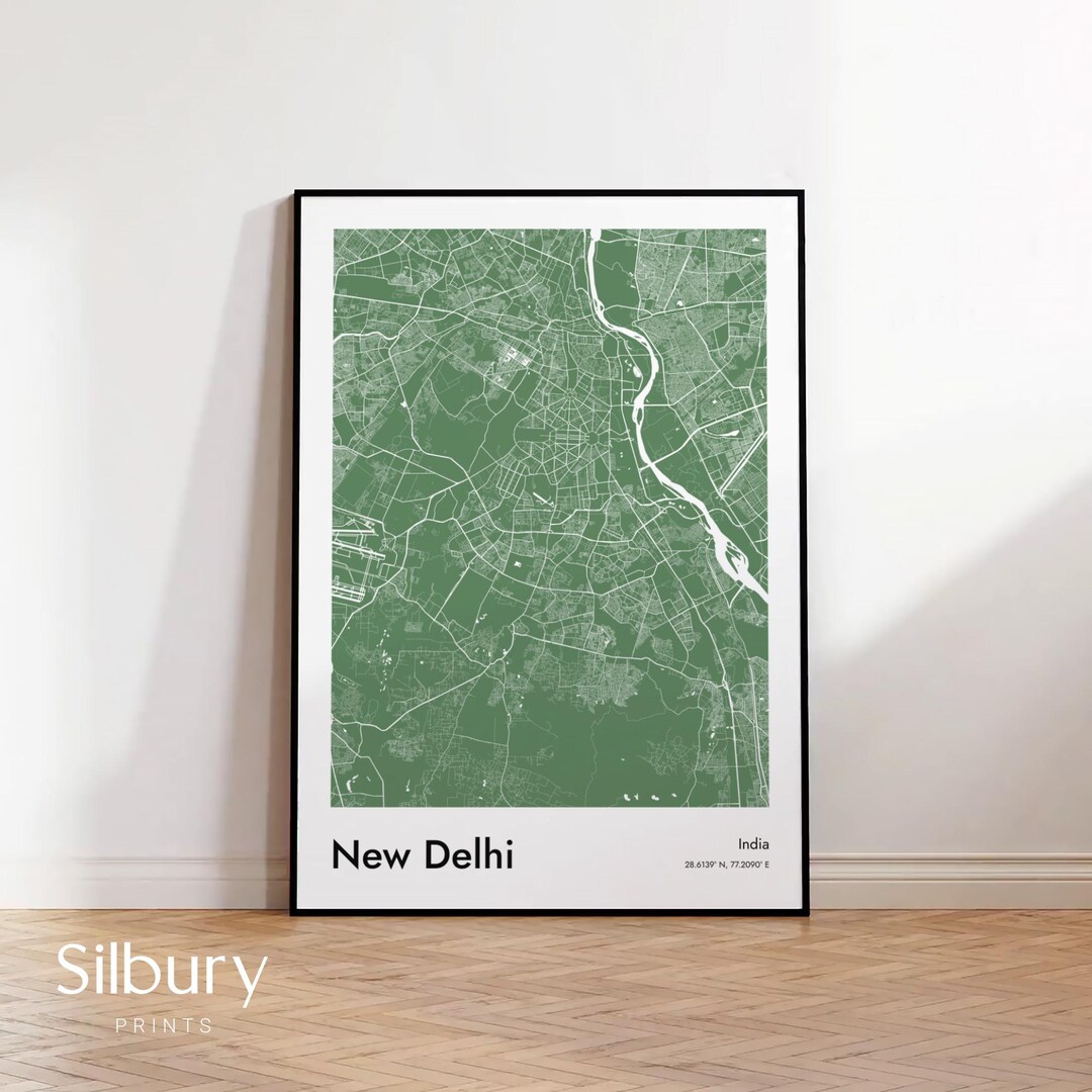 New Delhi Map Print, New Delhi Street Map Poster, Green Color Map of ...