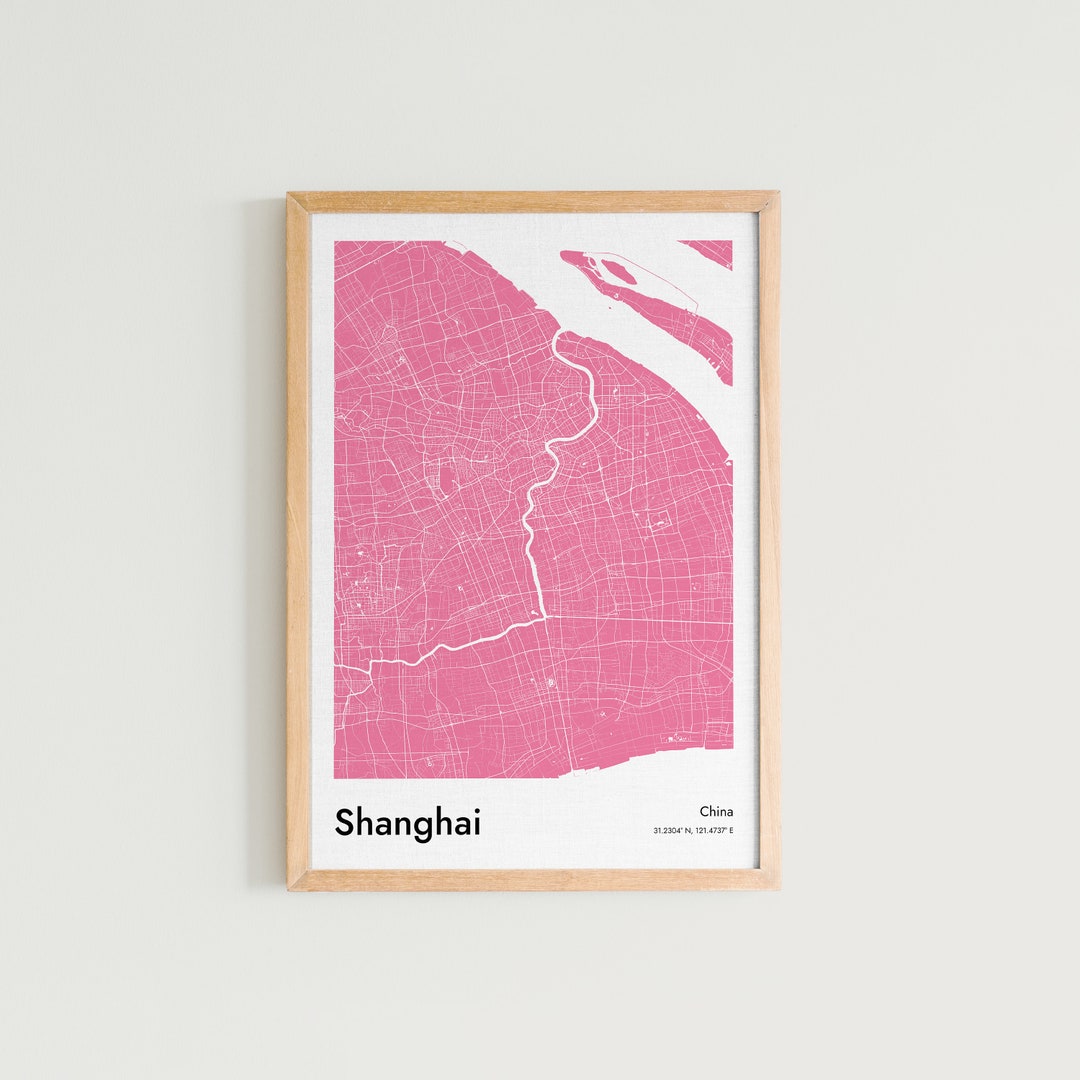 Shanghai Map Print, Shanghai Street Map Poster, Pink Color Map of ...