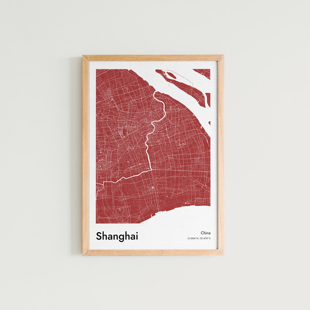 Shanghai Map Print, Shanghai Street Map Poster, Red Color Map of ...