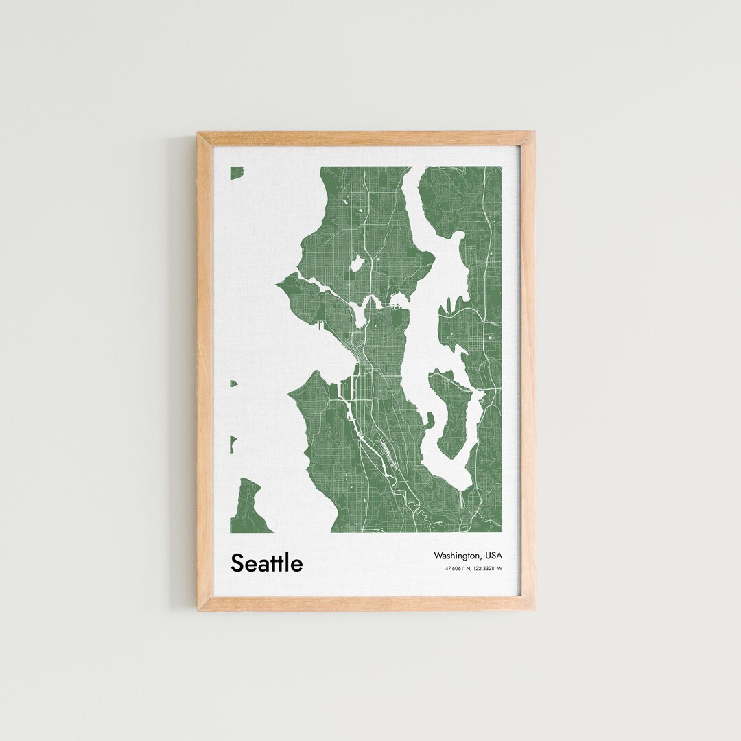 Seattle Map Print, Seattle Street Map Poster, Green Color Map of ...