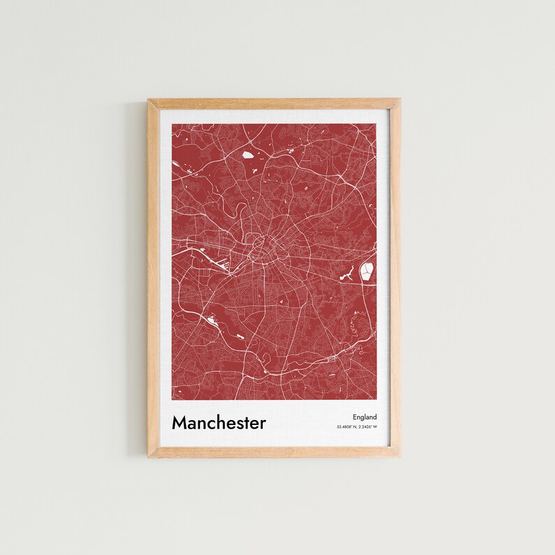 Manchester Map Print, Manchester Street Map Poster, Red Map of ...