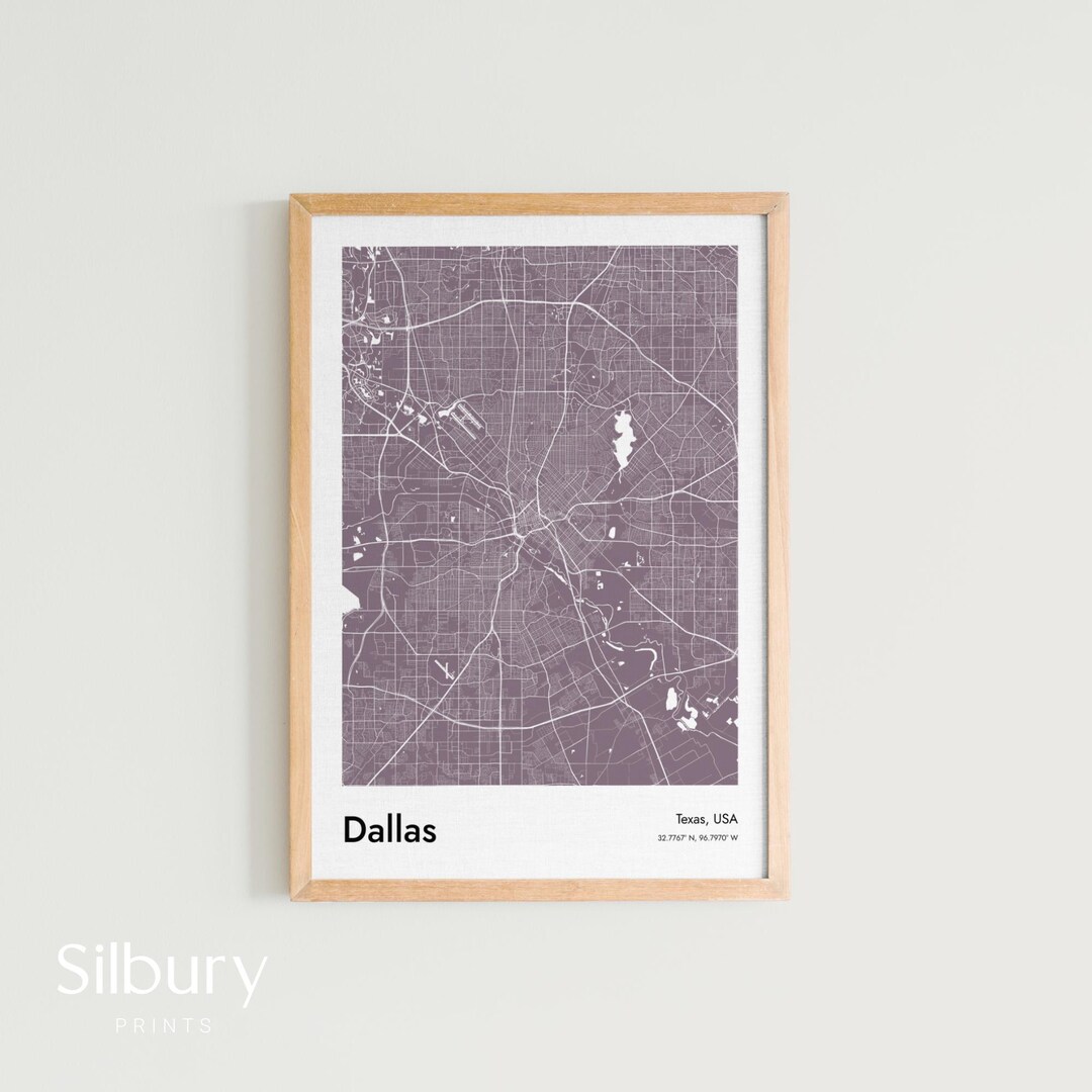 Dallas Map Print, Dallas Street Map Poster, Purple Color Map of Dallas ...