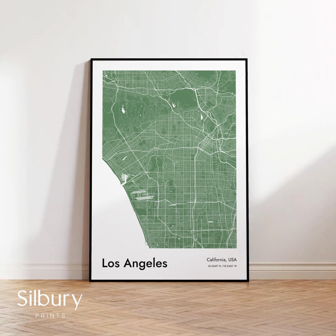 Los Angeles Map Print, LA Street Map Poster, Green Map of Los Angeles ...