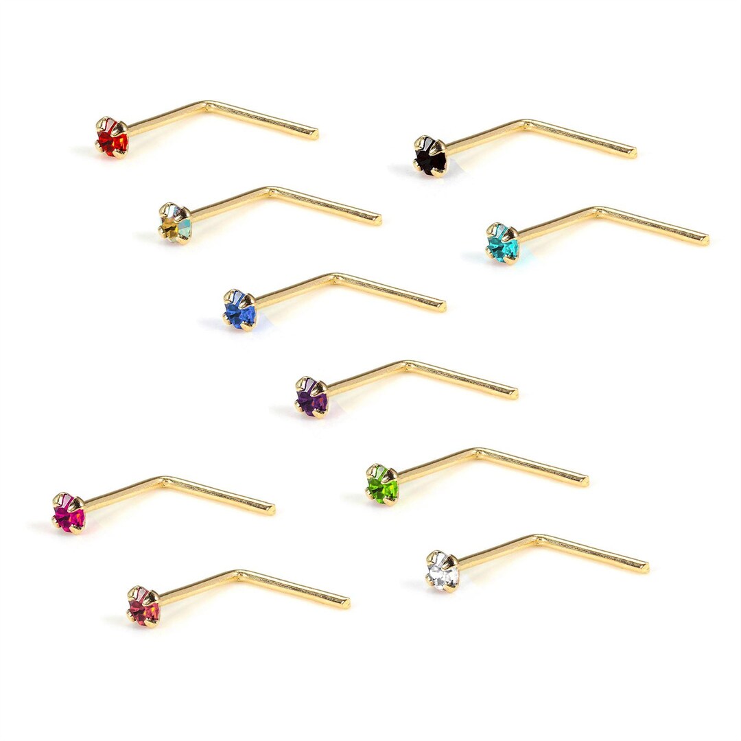 9ct Yellow Gold L-shaped 1.5mm Round CZ Crystal Nose Stud Pin - Simple ...
