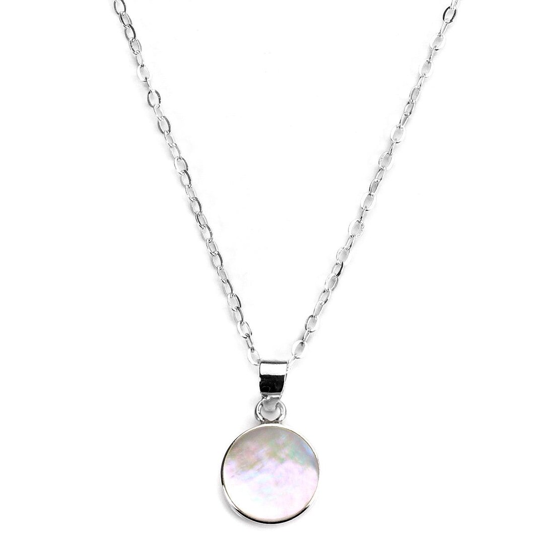 Sterling Silver & Mother of Pearl 10mm Flat Round Pendant Necklace ...