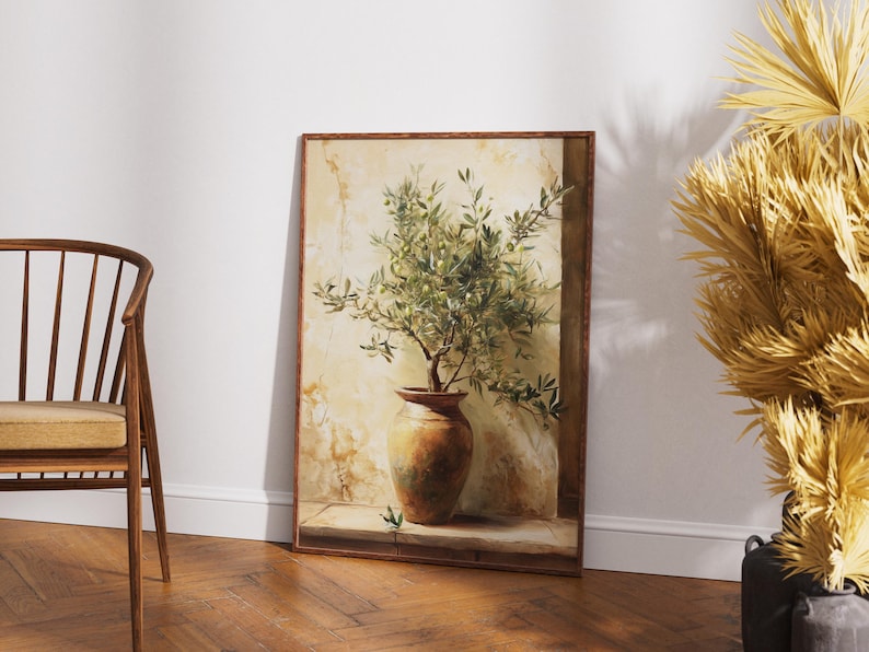 Olive Tree in Vase Painting, Vintage Mediterranean Decor, Farmhouse ...