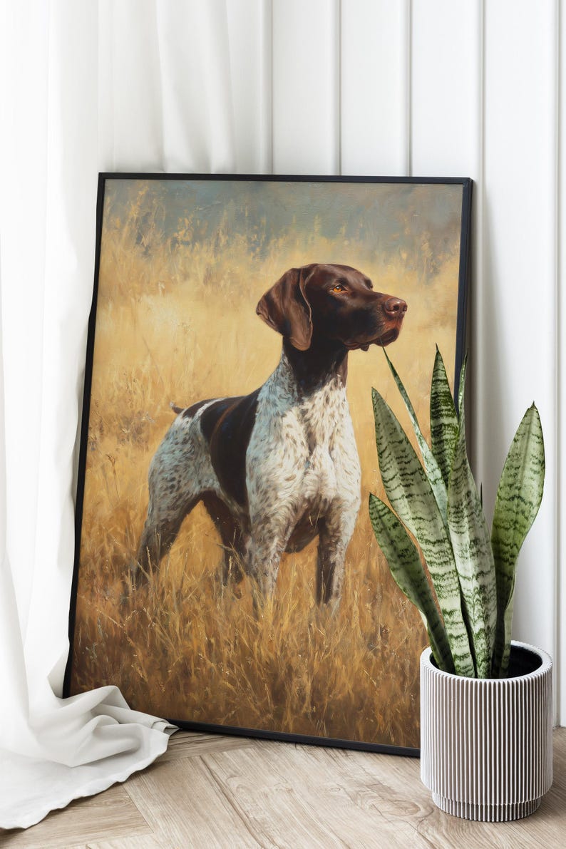 Vintage German Shorthaired Pointer Painting, Hunting Dog Stance Art ...