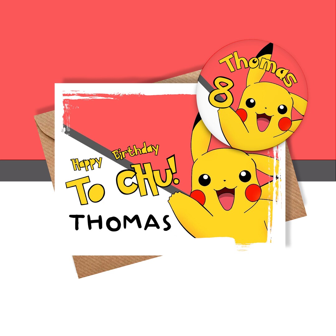 Pikachu, Pikachu Birthday Card and Badge Set, Personalised Card, Funny ...
