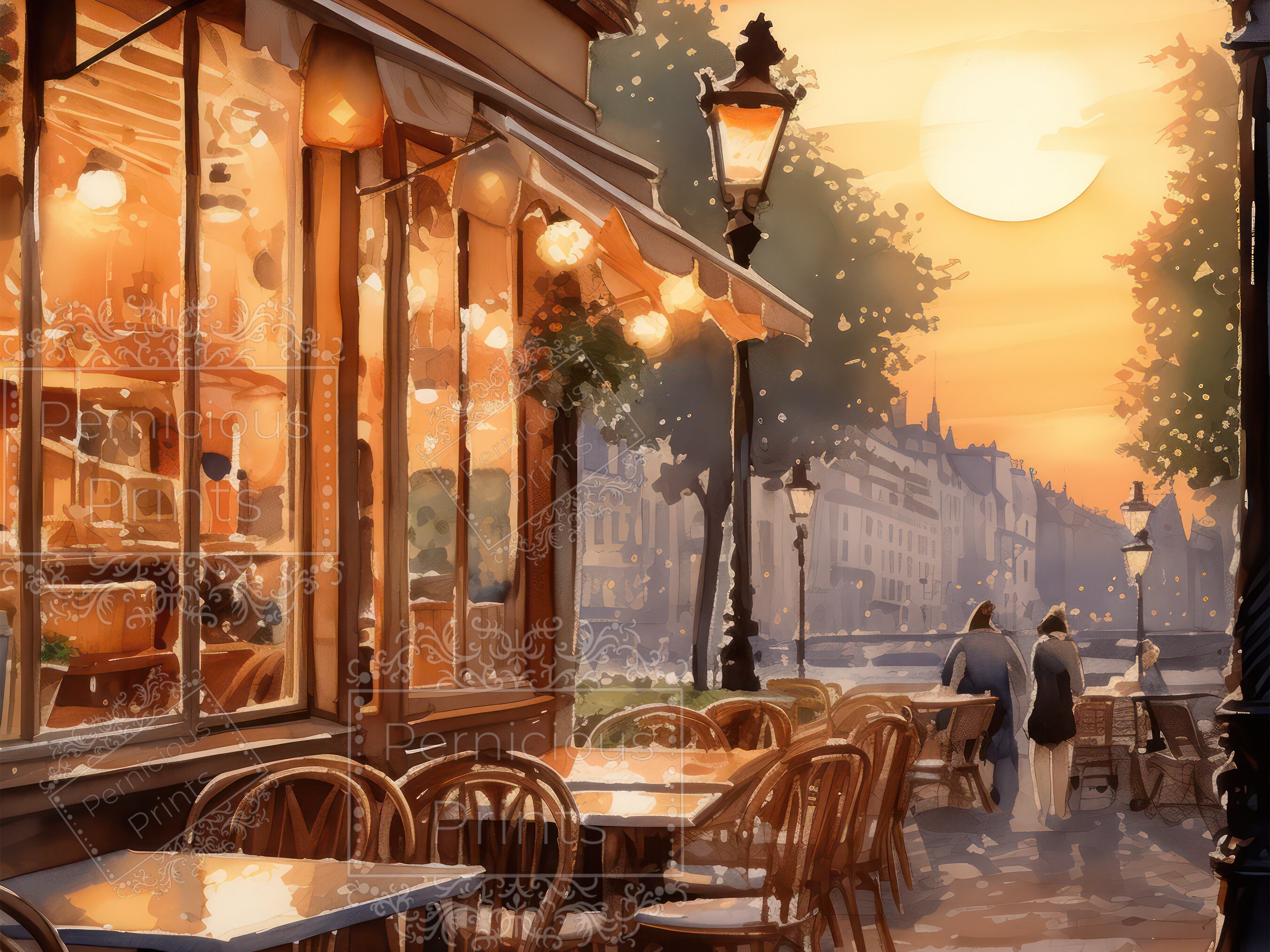 European Cafe Painting at Sunset | Restaurant | Cafe | Outdoor Dining ...