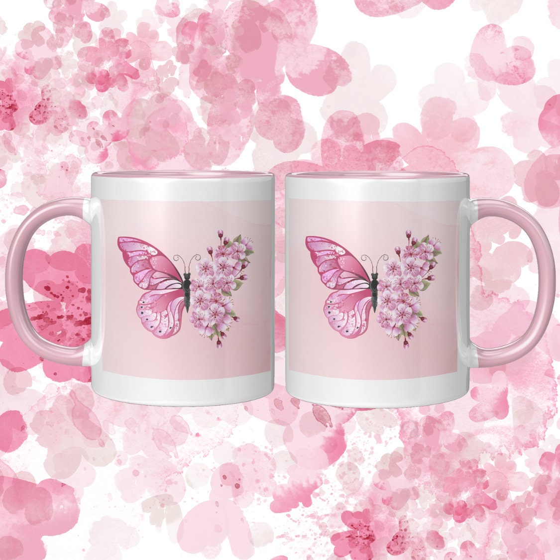 Flower Butterfly Mug With Pink Accented Handle and Interior - Etsy