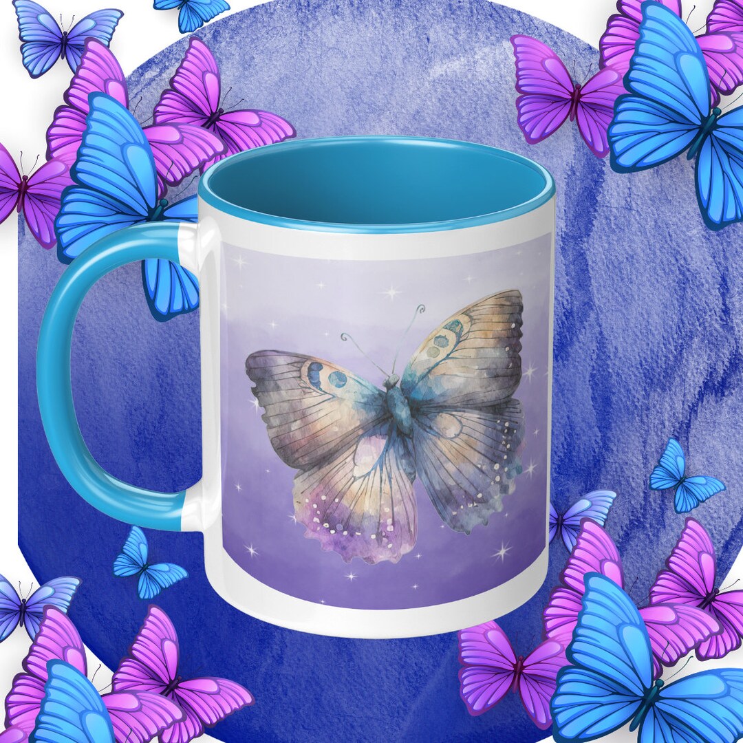 Butterfly Mug, Blue Accent Mug, Papillon Mug, Mariposa Mug, Butterfly ...