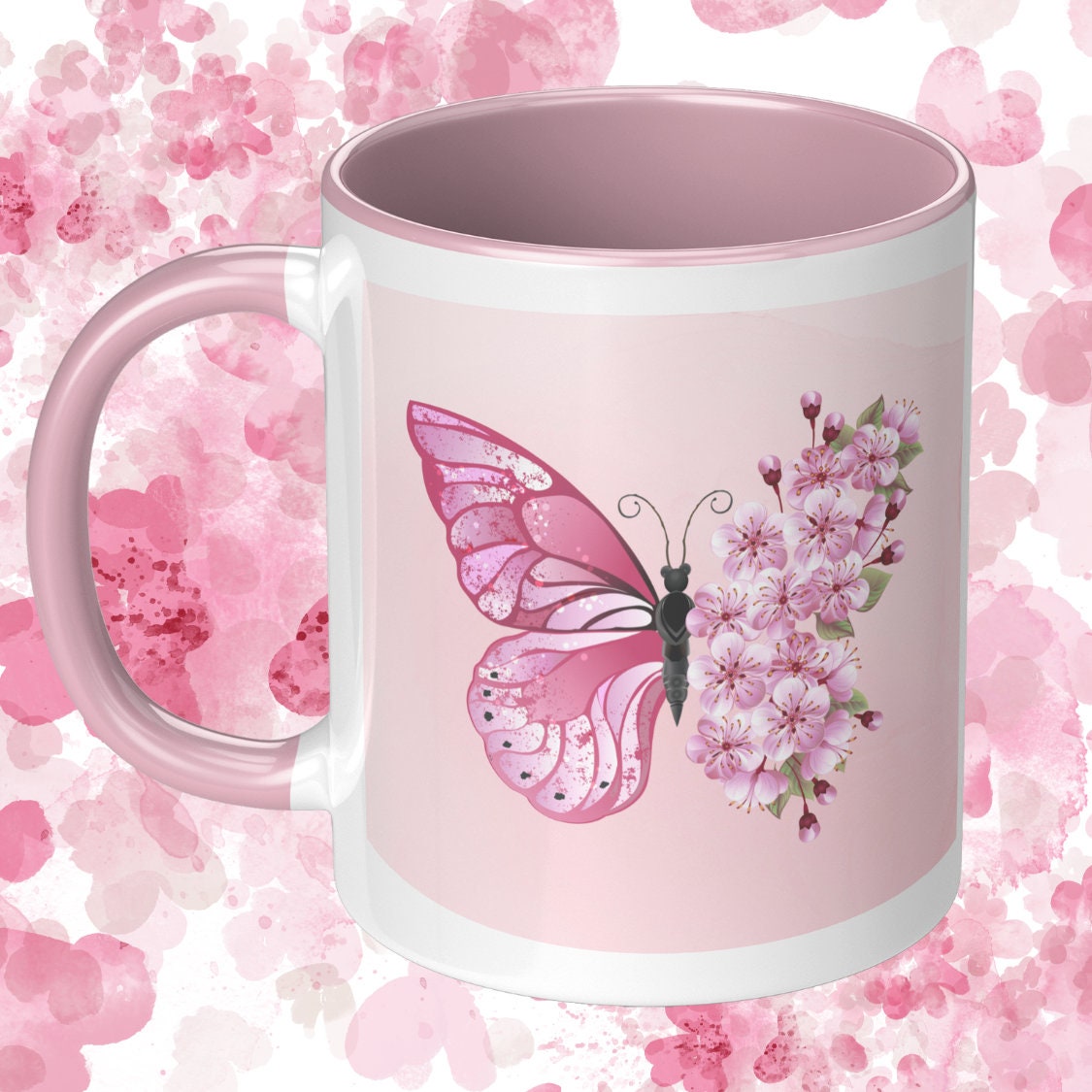 Flower Butterfly Mug With Pink Accented Handle and Interior - Etsy