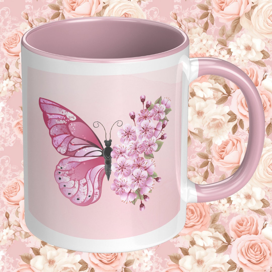 Flower Butterfly Mug With Pink Accented Handle and Interior, Pink ...