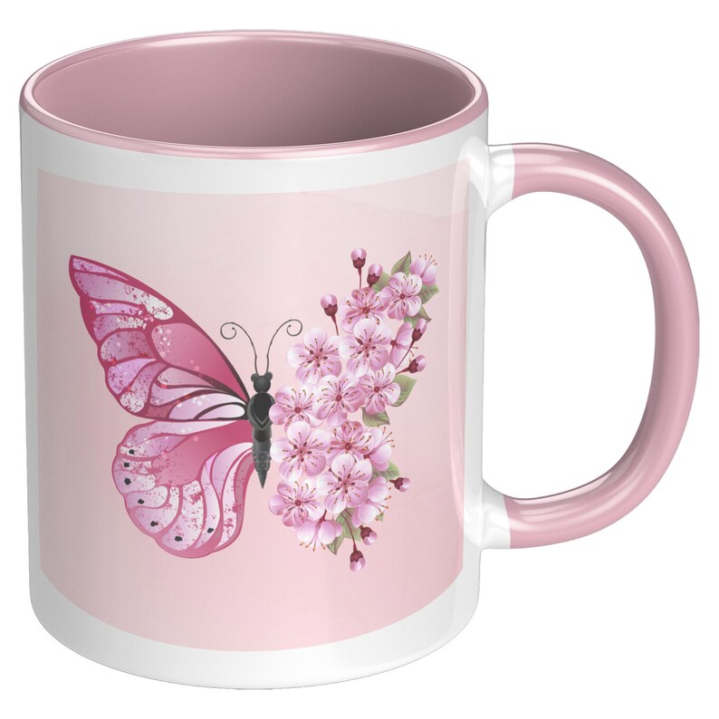 Flower Butterfly Mug With Pink Accented Handle and Interior - Etsy