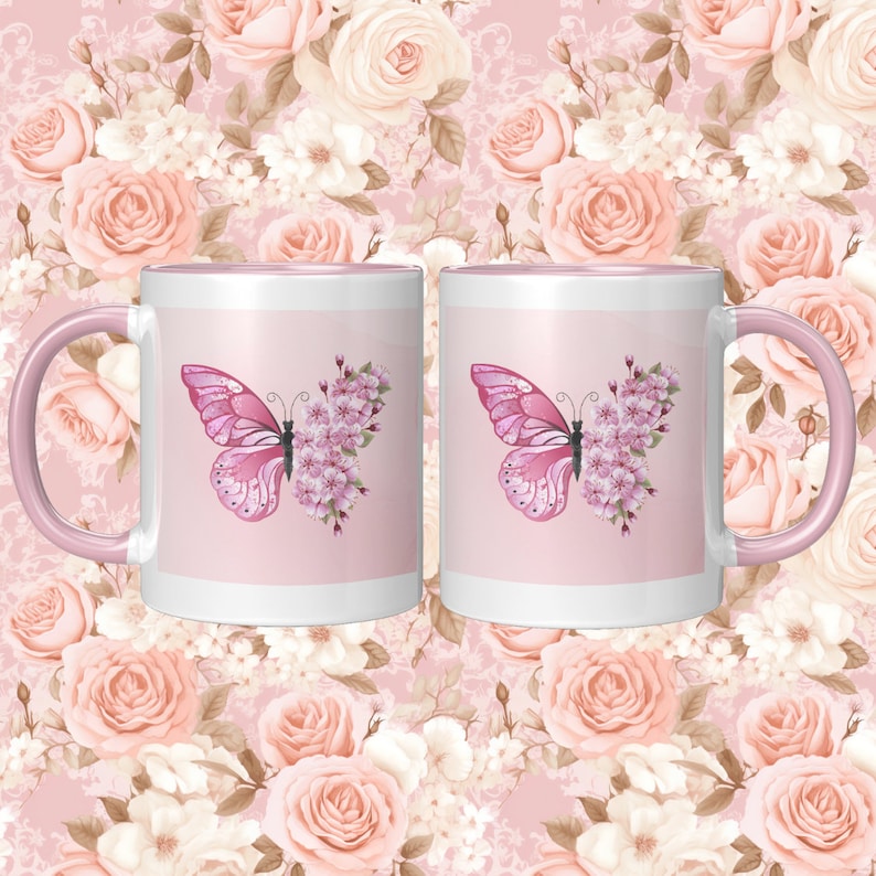 Flower Butterfly Mug With Pink Accented Handle and Interior - Etsy