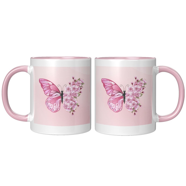 Flower Butterfly Mug With Pink Accented Handle and Interior - Etsy