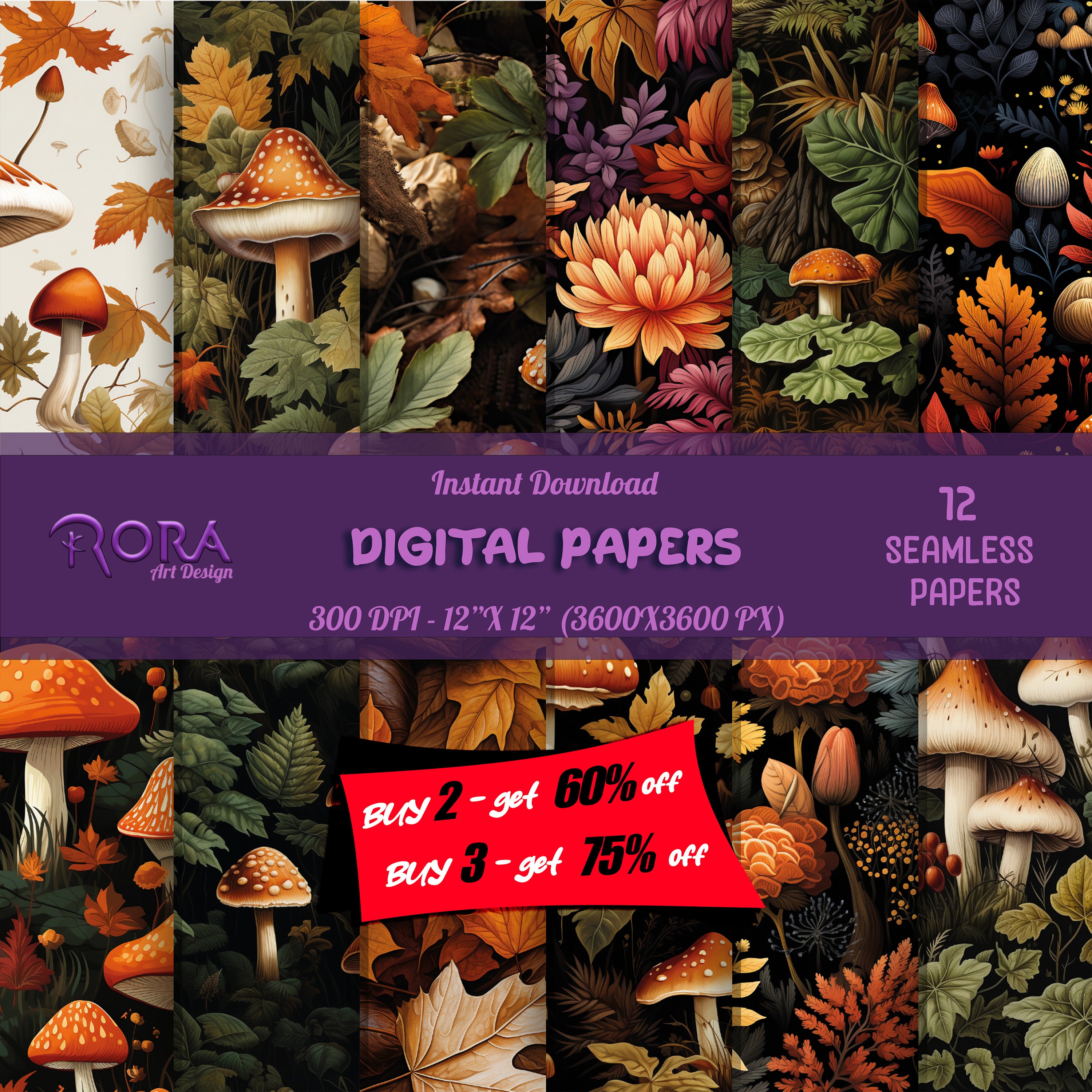 Printable Papers Mushroom Autumn Pattern Seamless Patterns 12 Designs ...