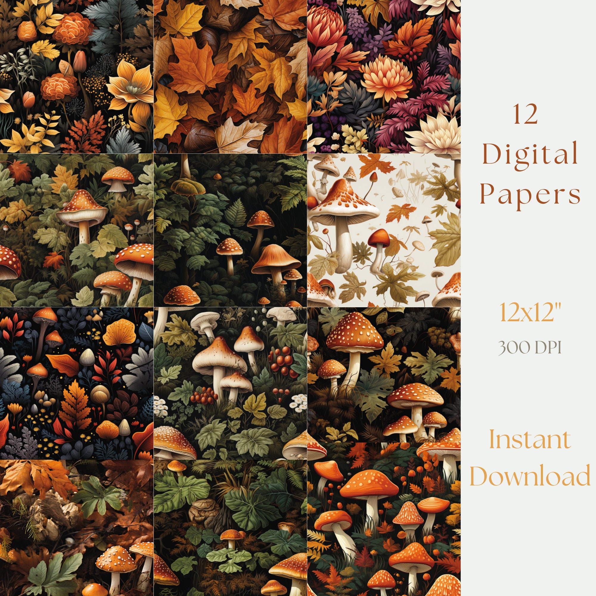Printable Papers Mushroom Autumn Pattern Seamless Patterns 12 Designs ...