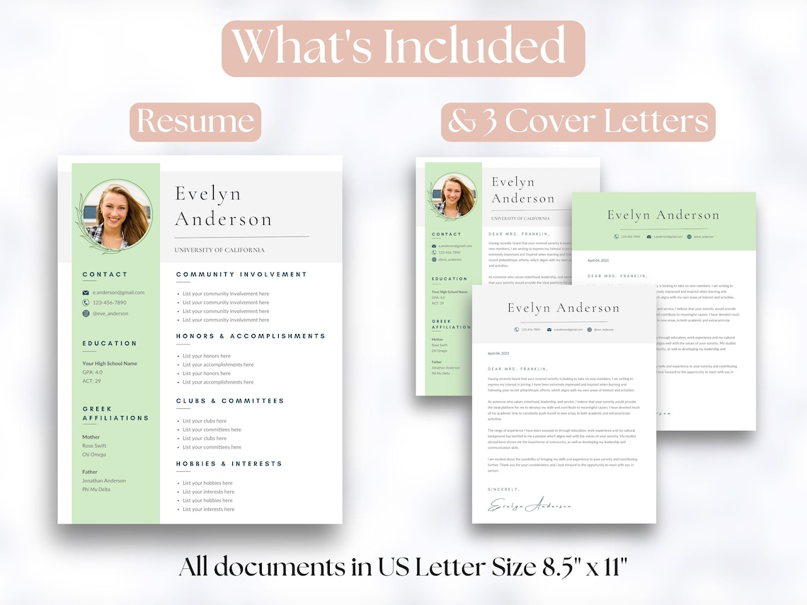Sorority Resume Template, Rush Resume and Sorority Letter Pack, Social ...