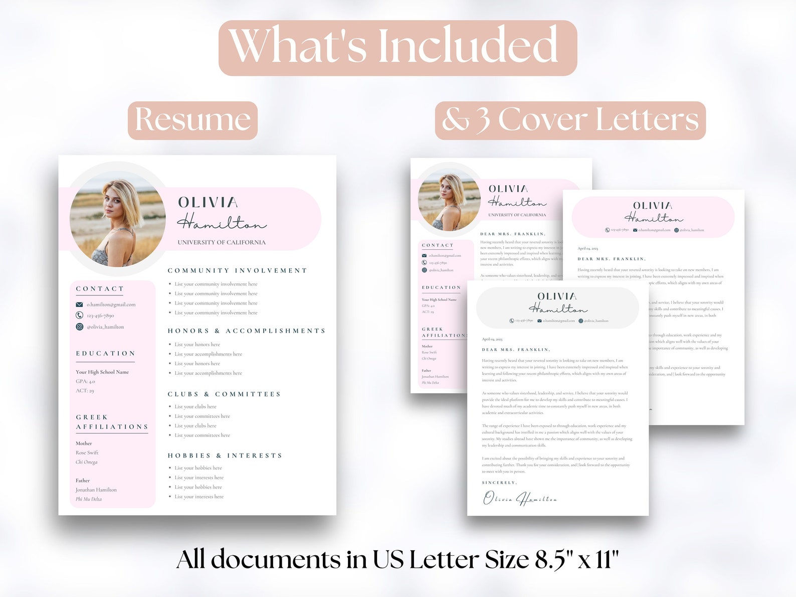 Sorority Resume Template, Rush Resume and Sorority Letter Pack, Social ...