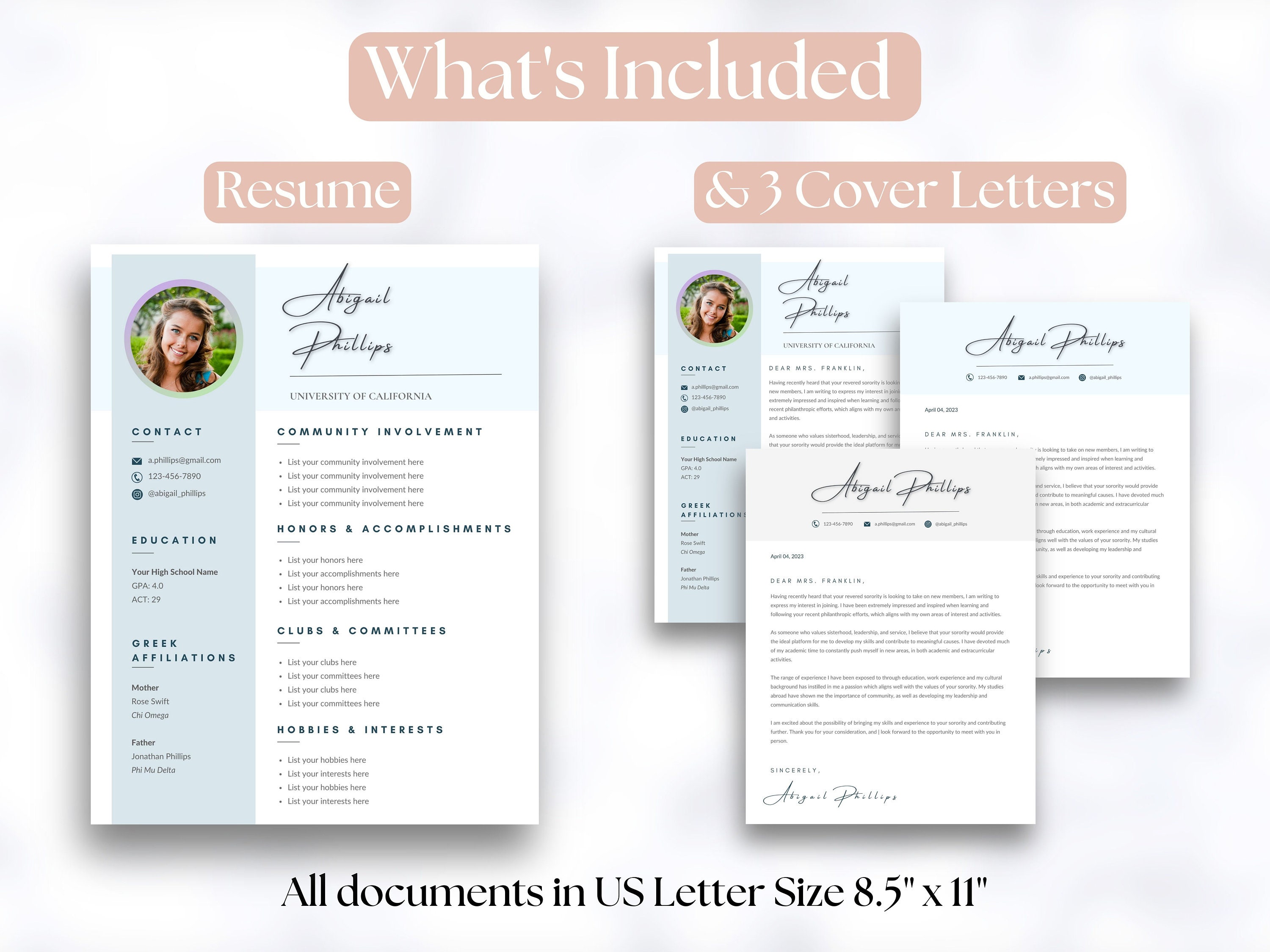 Sorority Resume Template, Rush Resume and Sorority Letter Pack, Social ...