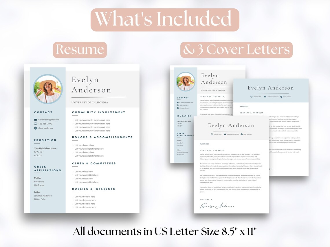 Sorority Resume Template Rush Resume and Sorority Letter - Etsy