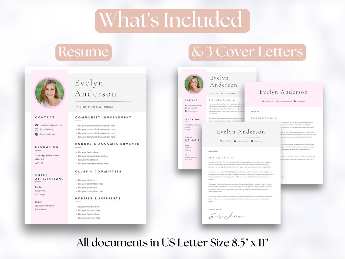 Sorority Resume Template, Rush Resume and Sorority Letter Pack, Social ...