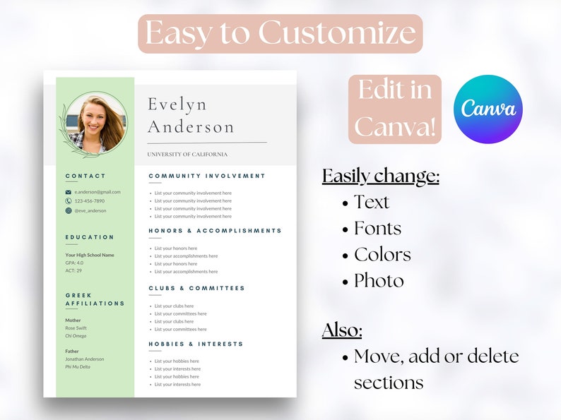 Sorority Resume Template, Rush Resume and Sorority Letter Pack, Social ...