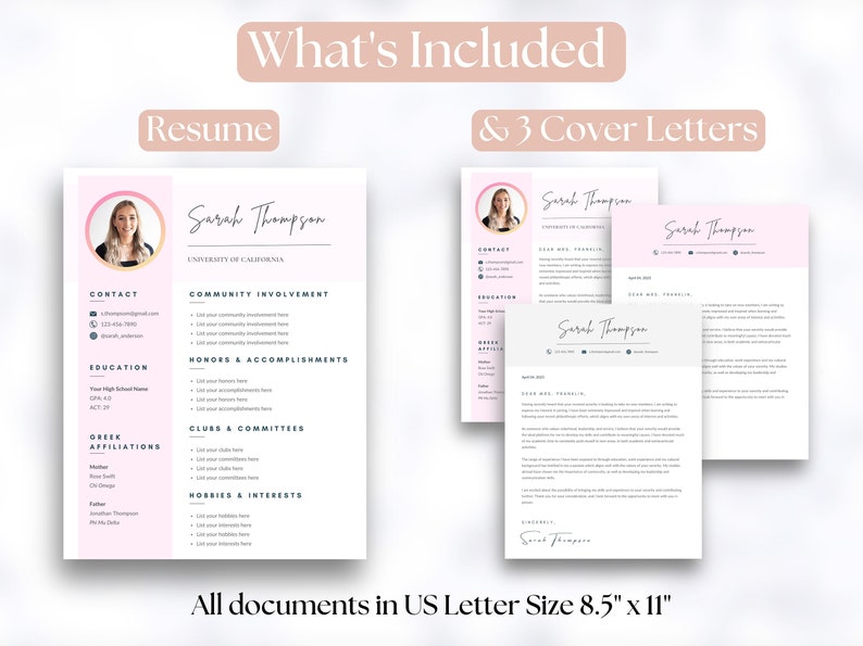 Sorority Resume Template, Rush Resume and Sorority Letter Pack, Social ...