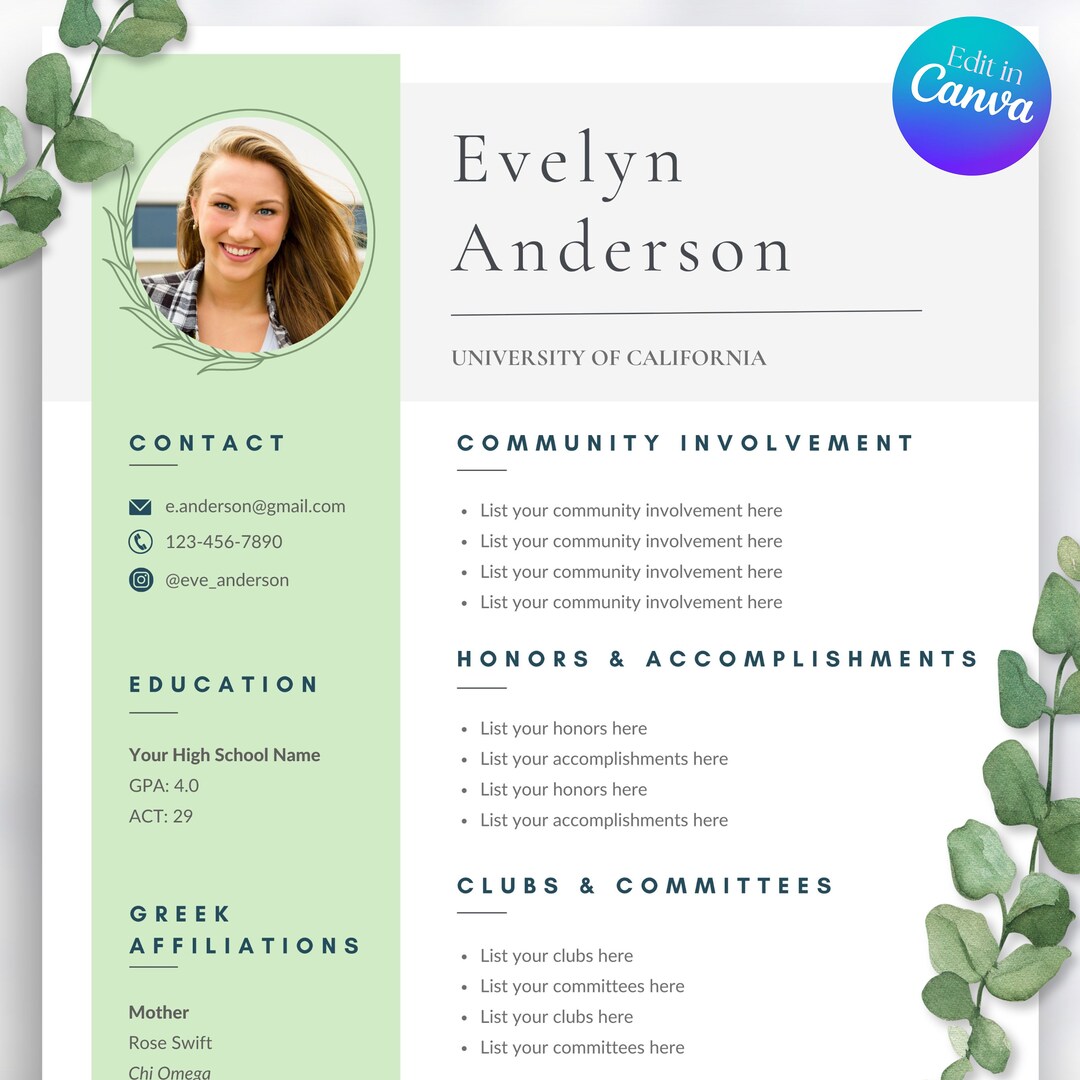 Sorority Resume Template, Rush Resume and Sorority Letter Pack, Social ...