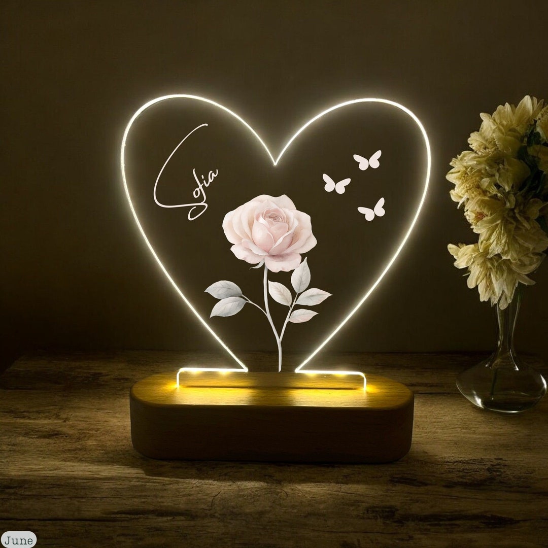 Personalized Birth Month Flower Acrylic Night Light, Custom Birth Month ...