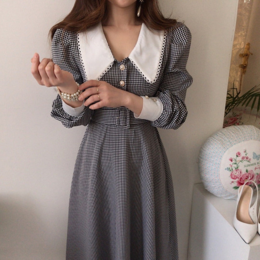 French Cottagecore Dress Puff Sleeve Lace Dress Single-breasted Waist ...