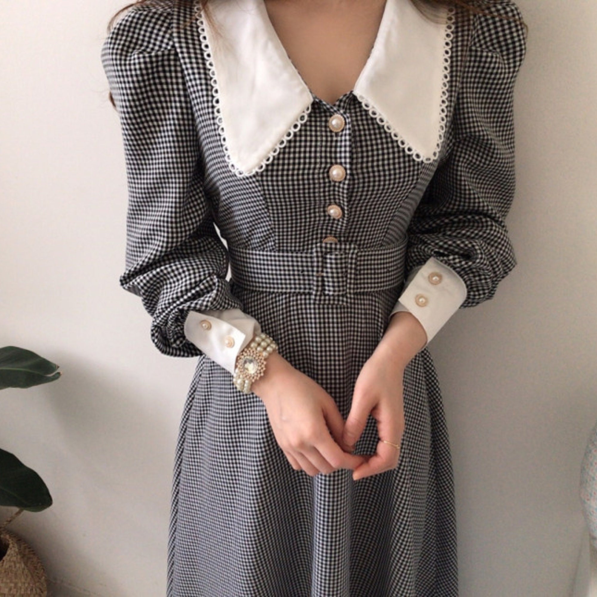 French Cottagecore Dress Puff Sleeve Lace Dress Single-breasted Waist ...