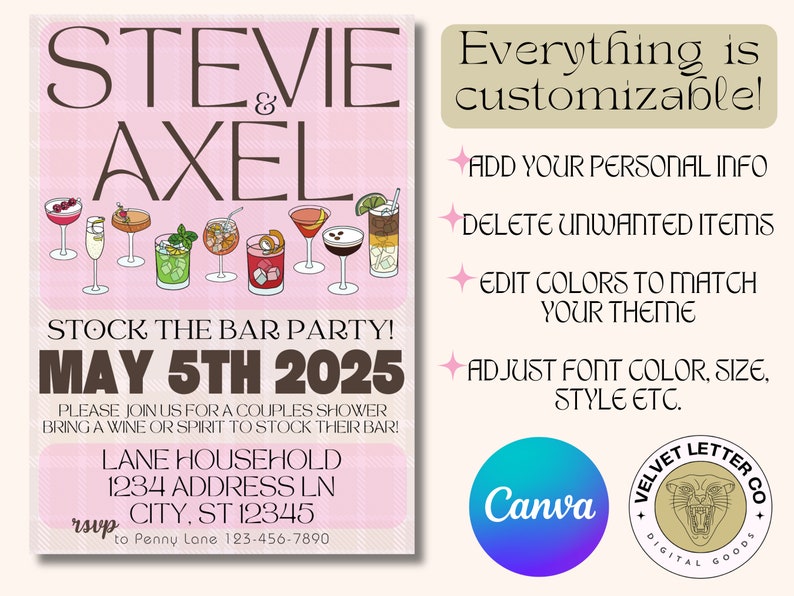 Editable Stock the Bar Party Invitation Canva Template | 5x7 Digital ...