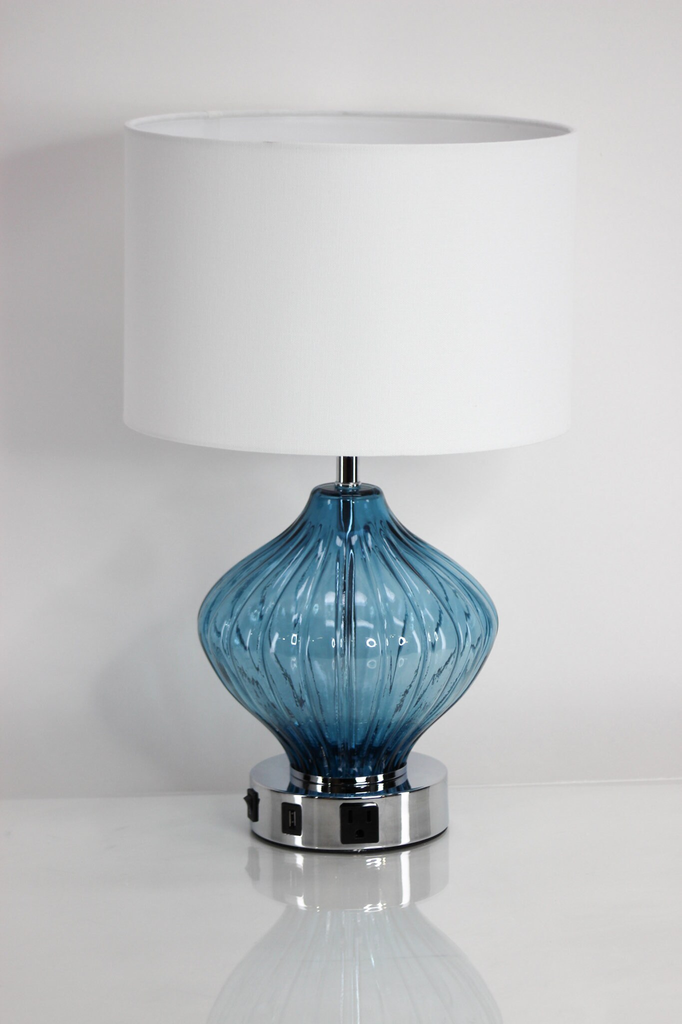 Modern Cobalt Blue Ribbed Glass Table Lamp With USB Port and - Etsy