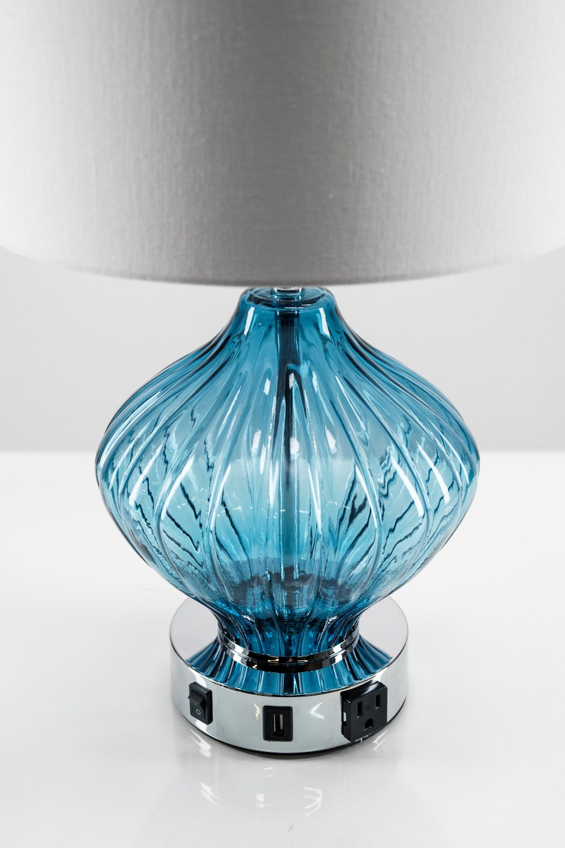 Modern Cobalt Blue Ribbed Glass Table Lamp With USB Port and Outlet ...