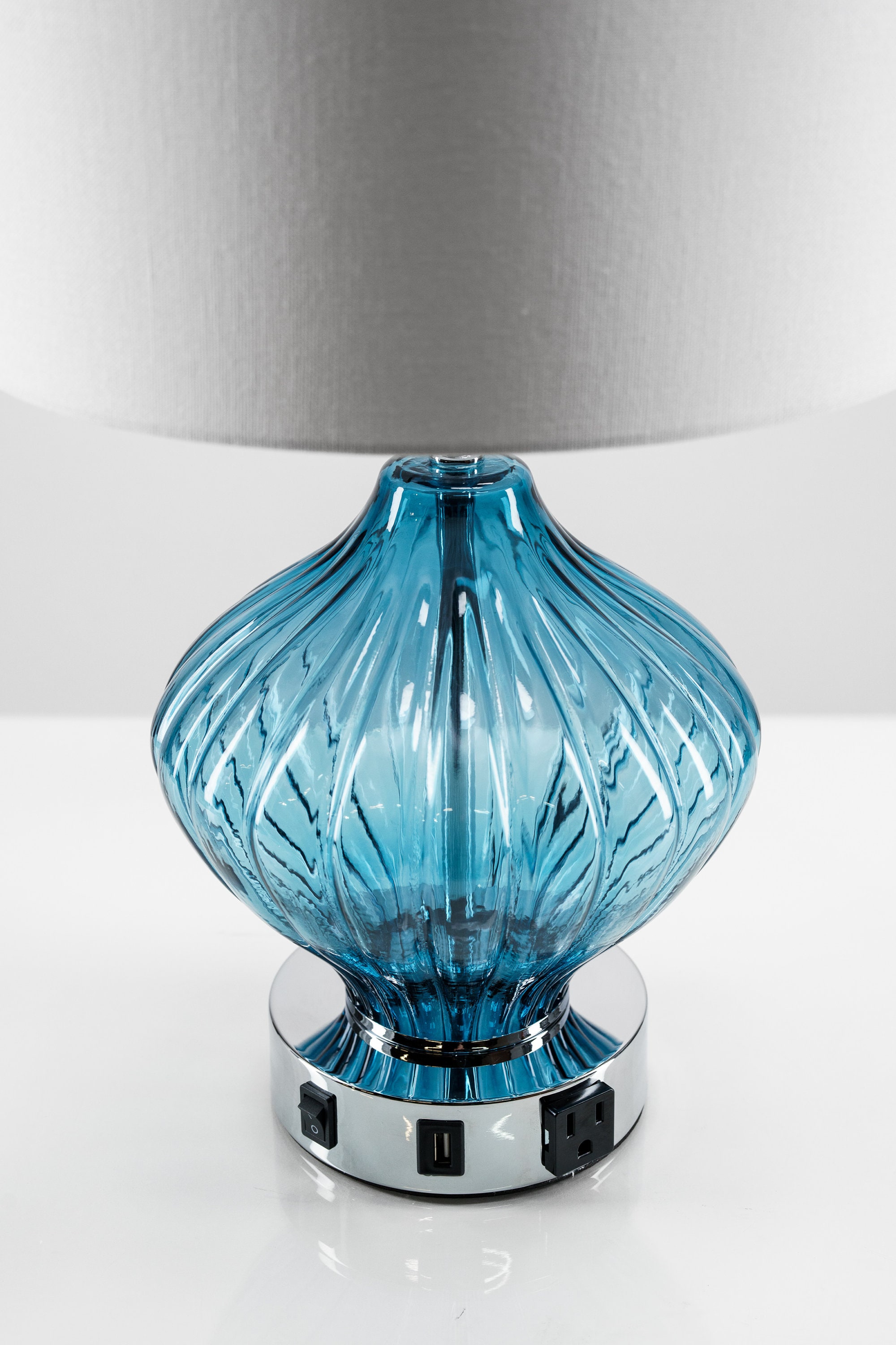 Modern Cobalt Blue Ribbed Glass Table Lamp With USB Port - Etsy