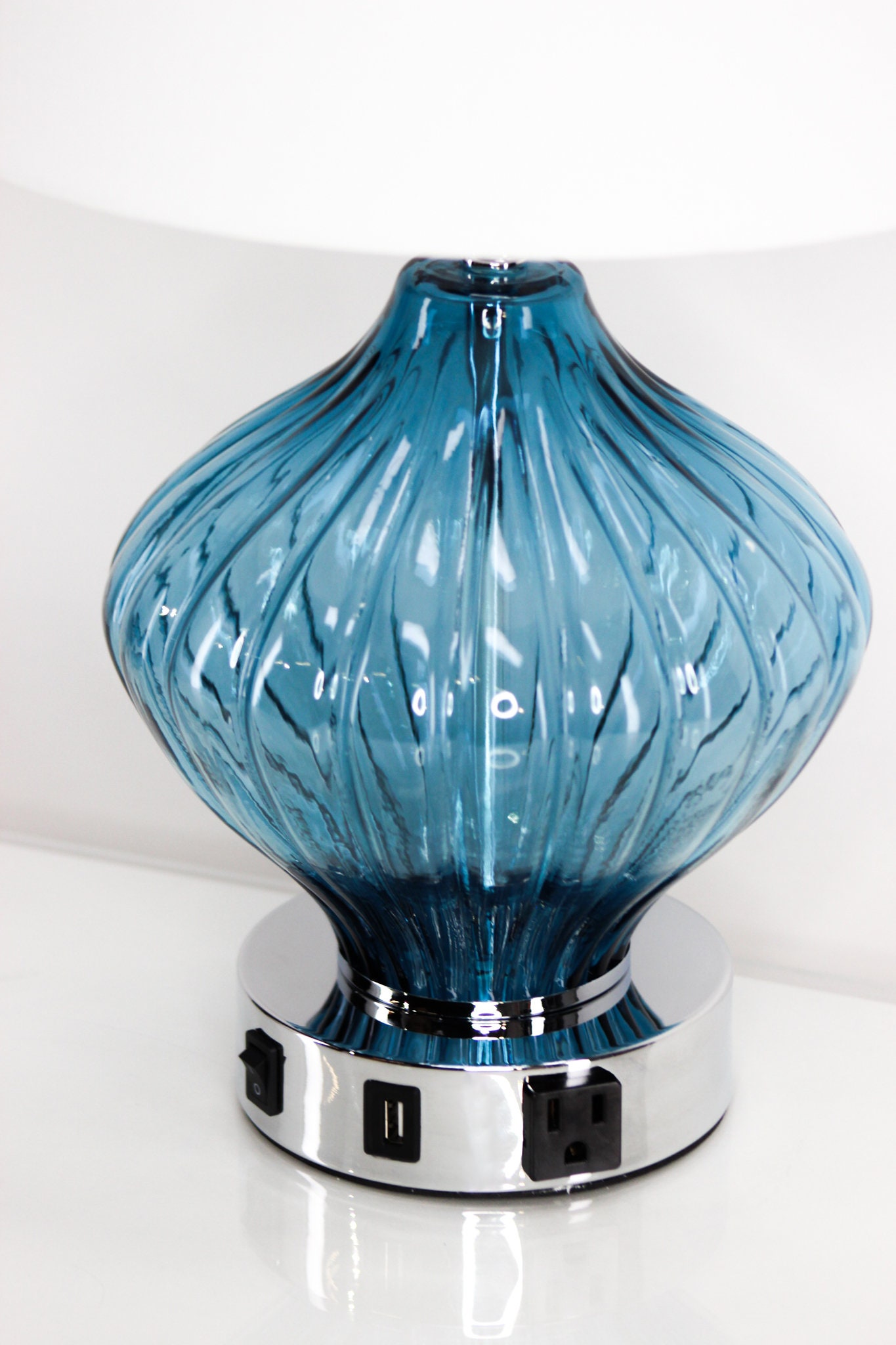 Modern Cobalt Blue Ribbed Glass Table Lamp With USB Port and - Etsy