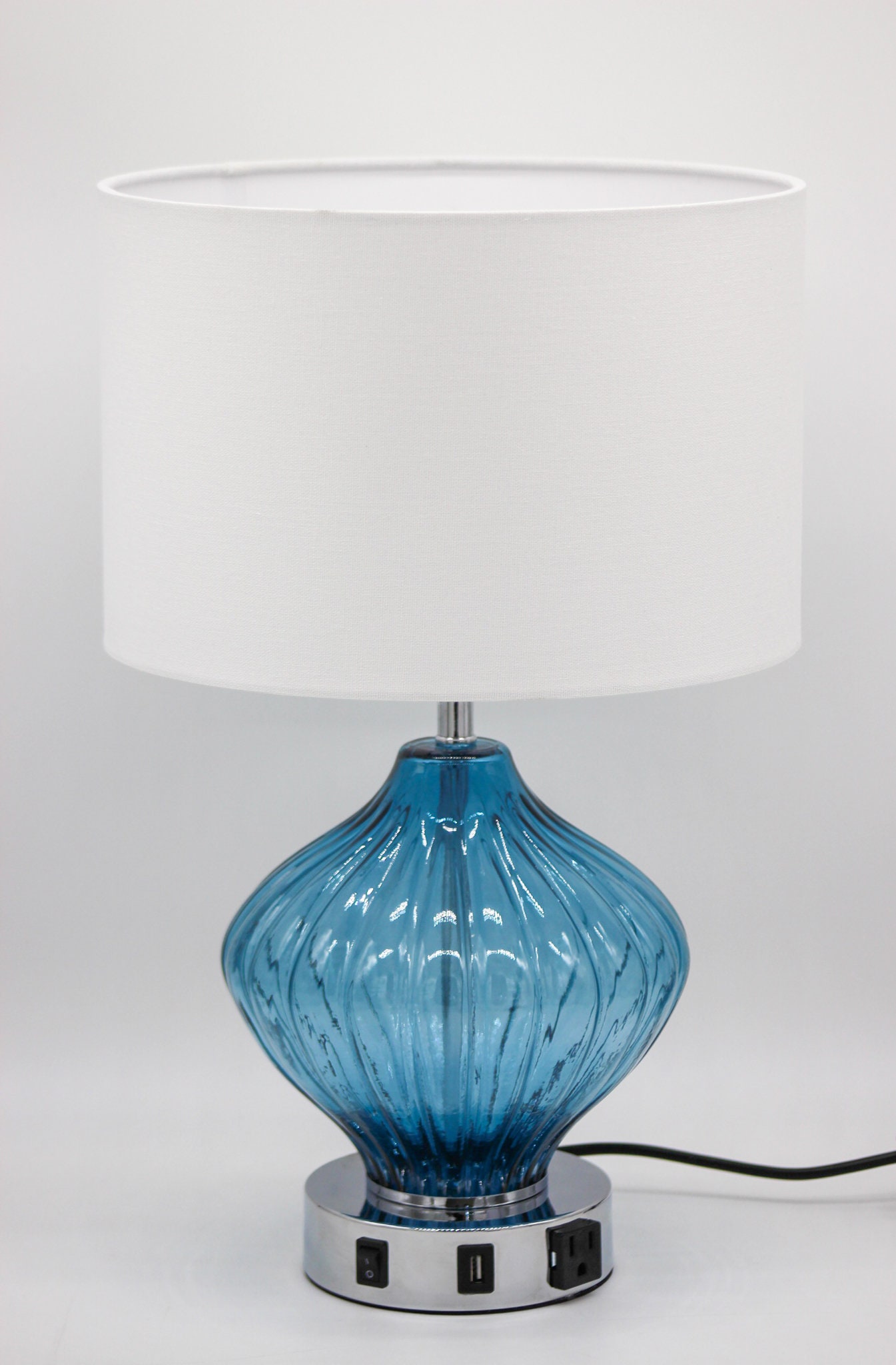 Modern Cobalt Blue Ribbed Glass Table Lamp With USB Port and - Etsy