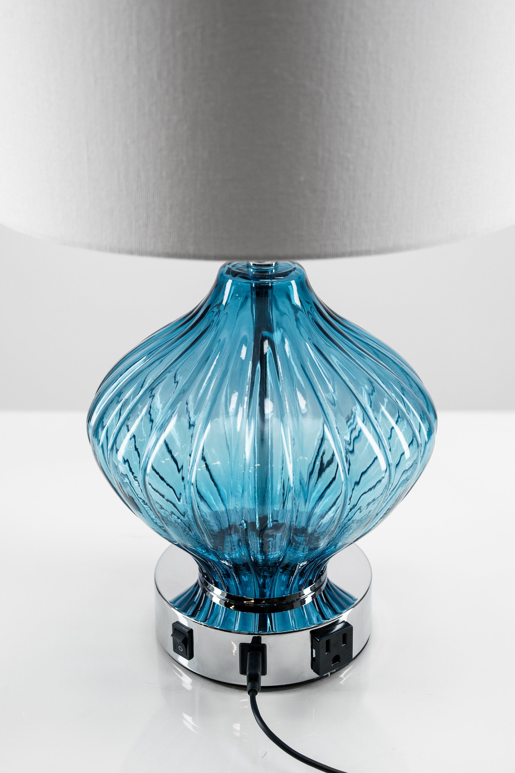 Modern Cobalt Blue Ribbed Glass Table Lamp With USB Port and Outlet ...