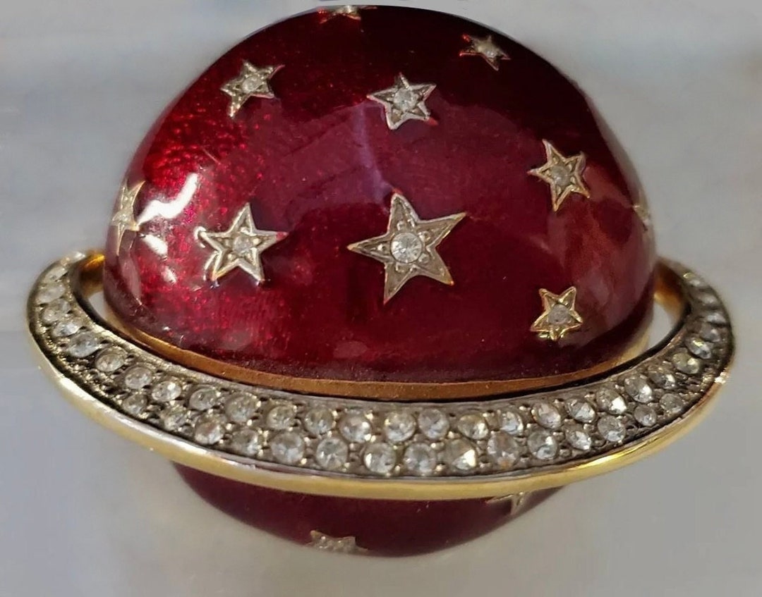 Gorgeous Vintage Beautiful Ruby Red Enamel Saturn Planet Brooch With ...