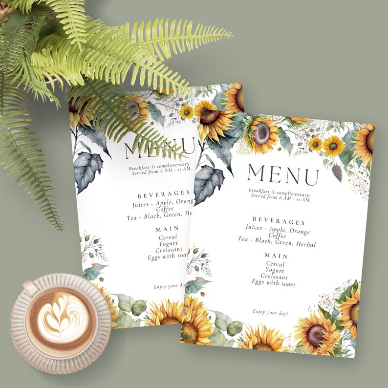 Cute Sunflower Menu, Complimentary Breakfast Airbnb Menu Print, Menu ...
