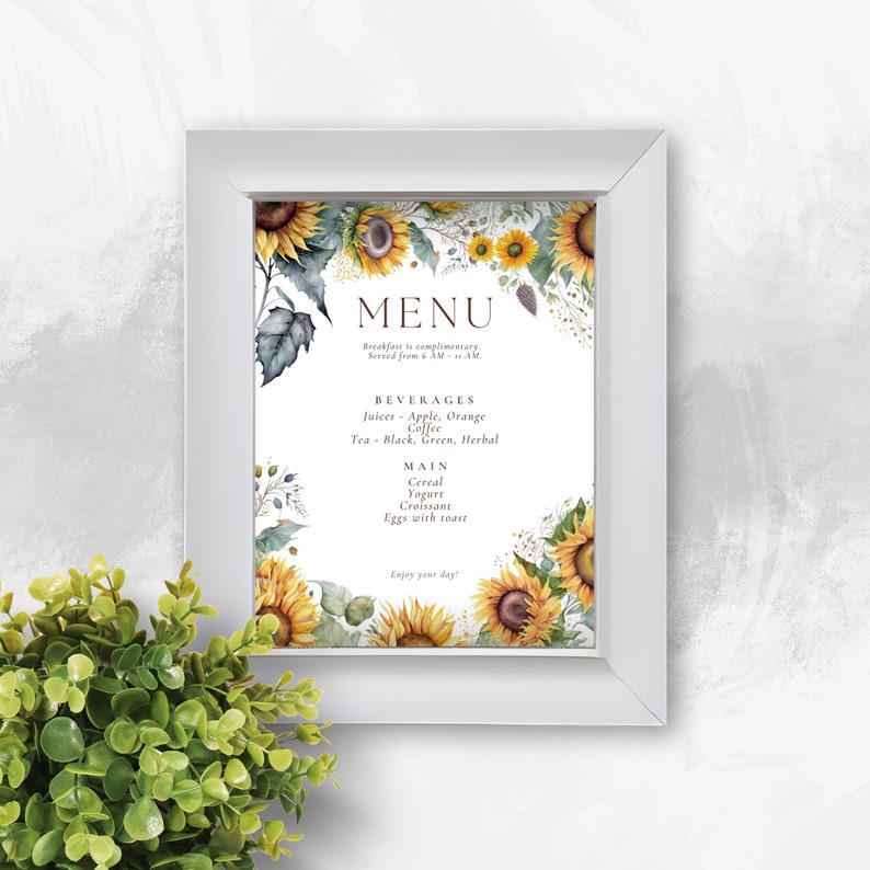 Cute Sunflower Menu, Complimentary Breakfast Airbnb Menu Print, Menu ...
